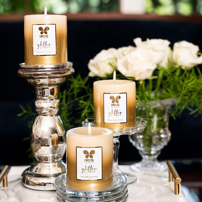 IRIS Gold Lacquered Glitter Pillar Candle – IRIS Home Fragrances